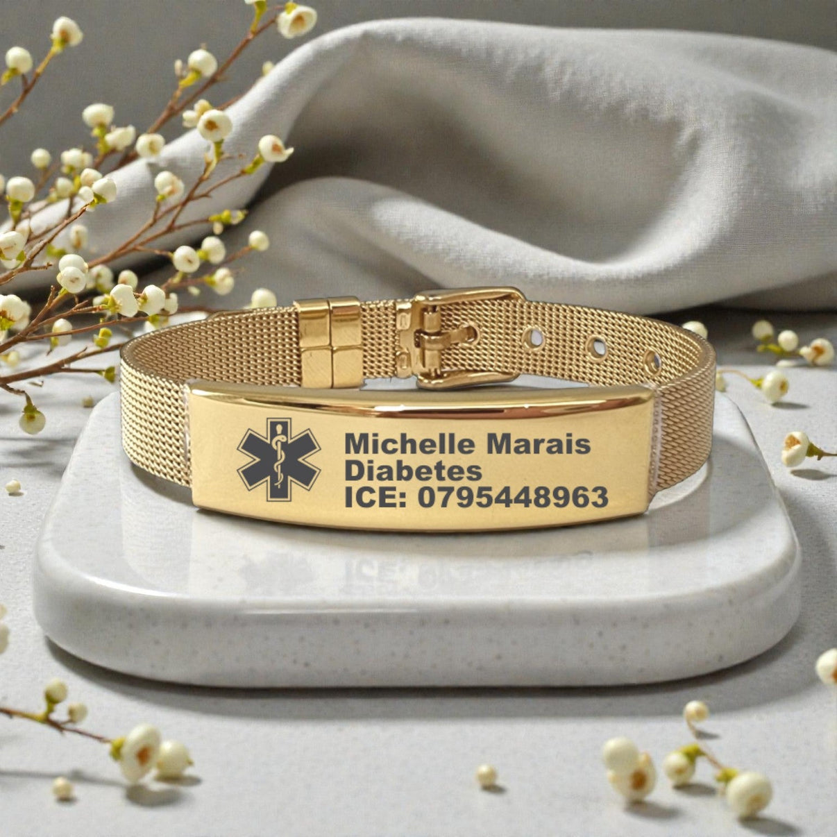 Gold Plated Medical Alert Engraved Mesh Bracelet – Annebelle